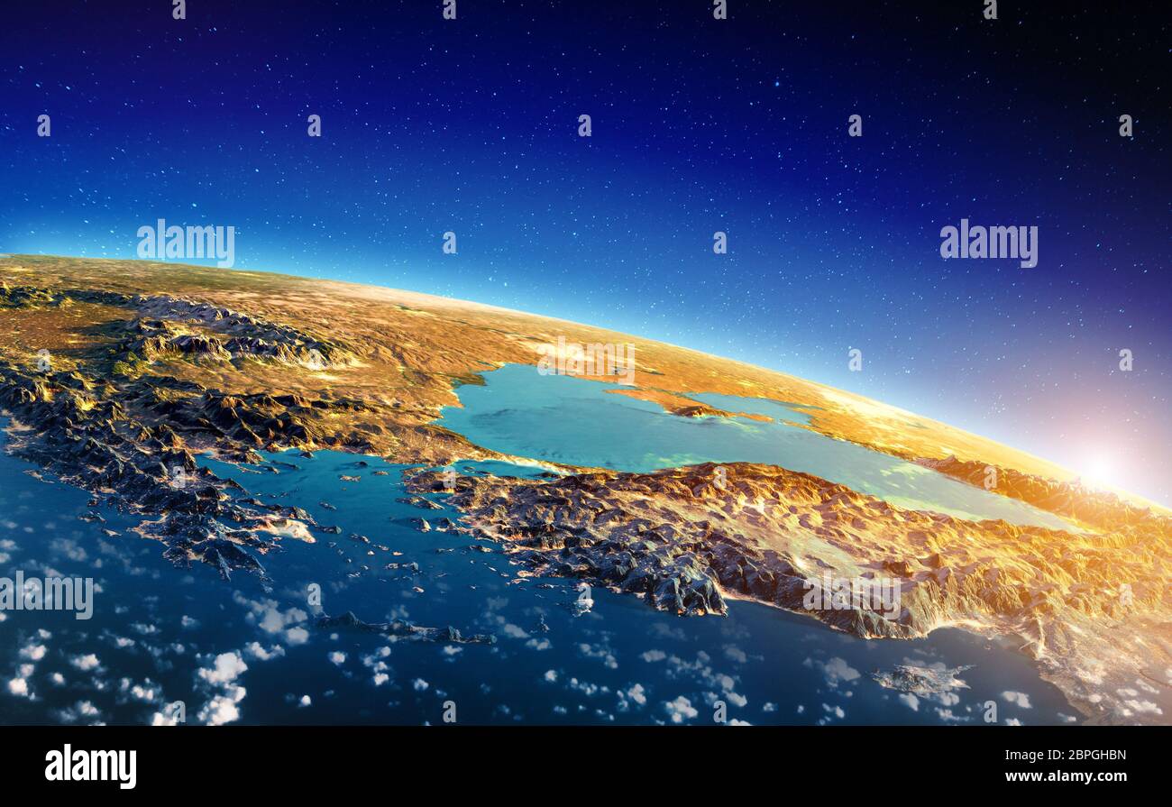 Greece and Turkey sunrise. Elements of this image furnished by NASA. 3d ...