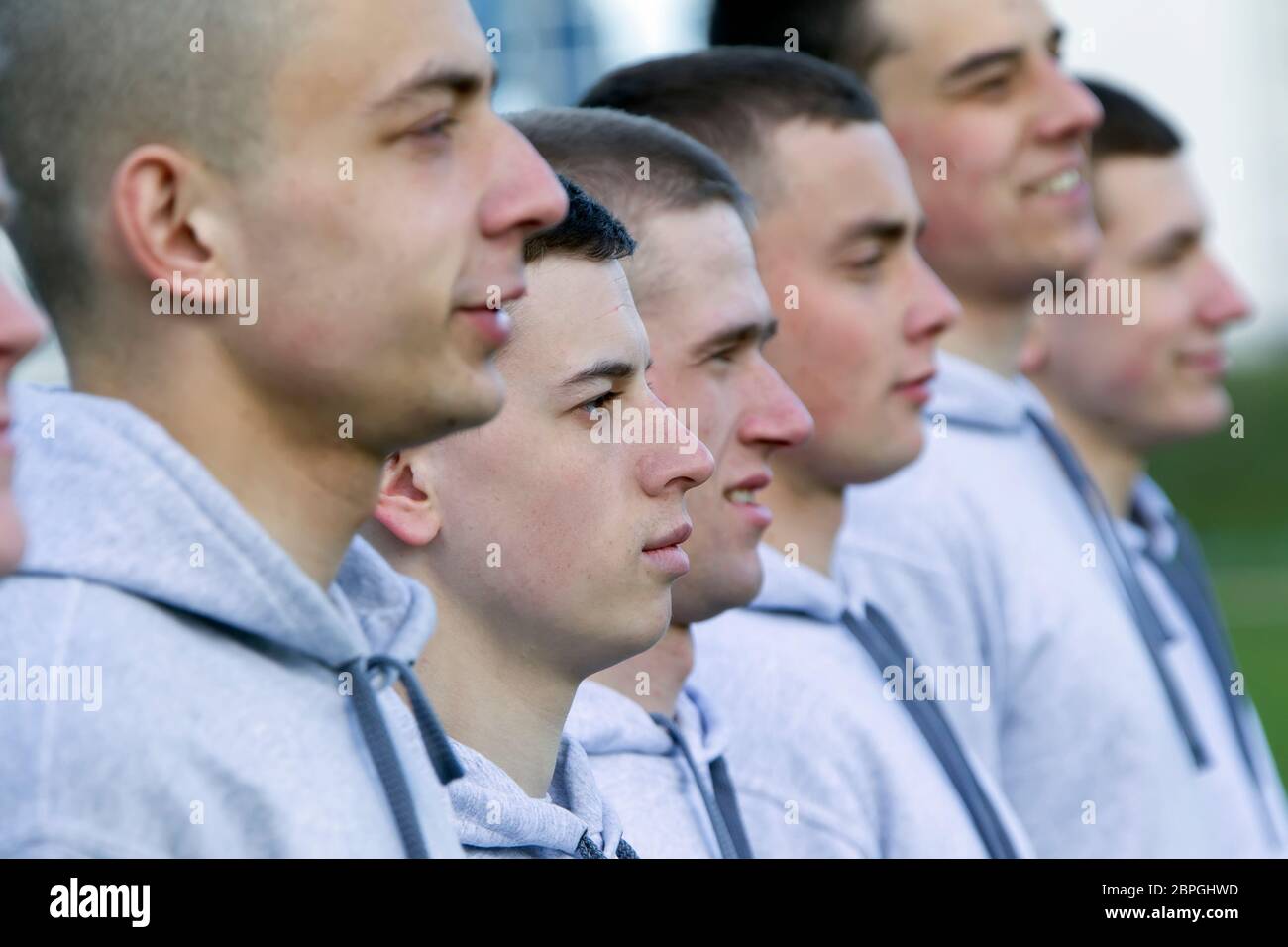 Belarus, the city of Gomil, April 12, 2017. Many male faces in profile ...
