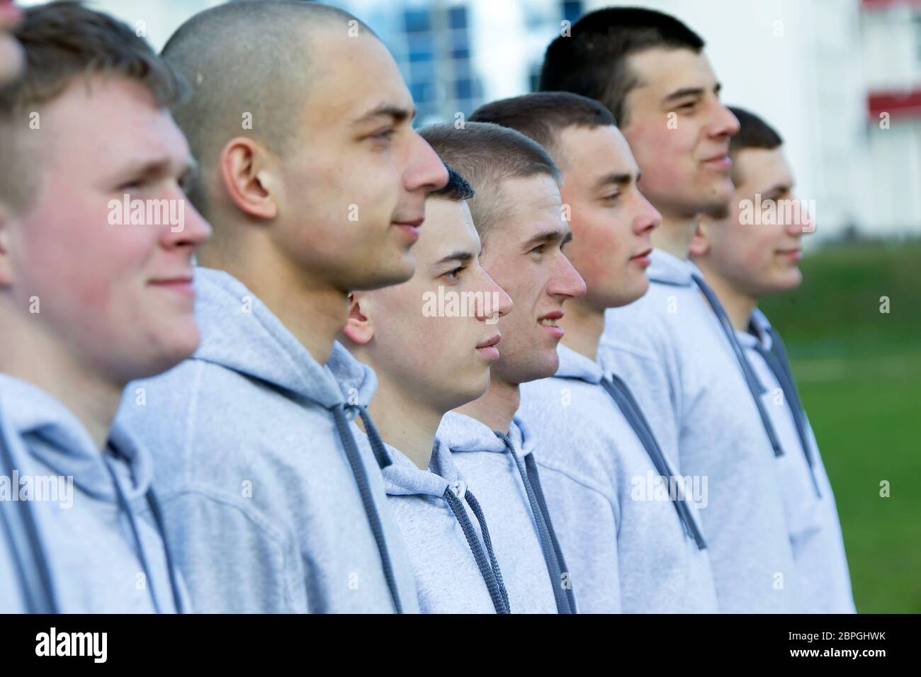 Belarus, the city of Gomil, April 12, 2017. Many male faces in profile ...