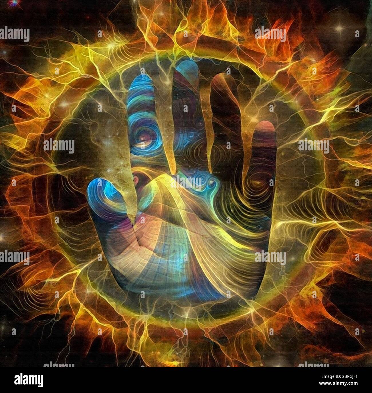Hand of God. Lightning radiates from hand. Ring of fire on the ...