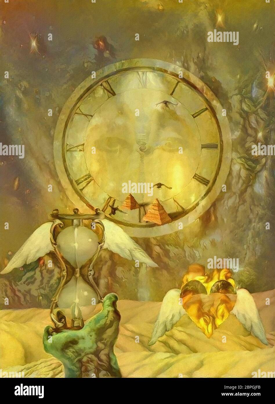 Symbolic composition. Winged hourglass and heart. Clock face and ...