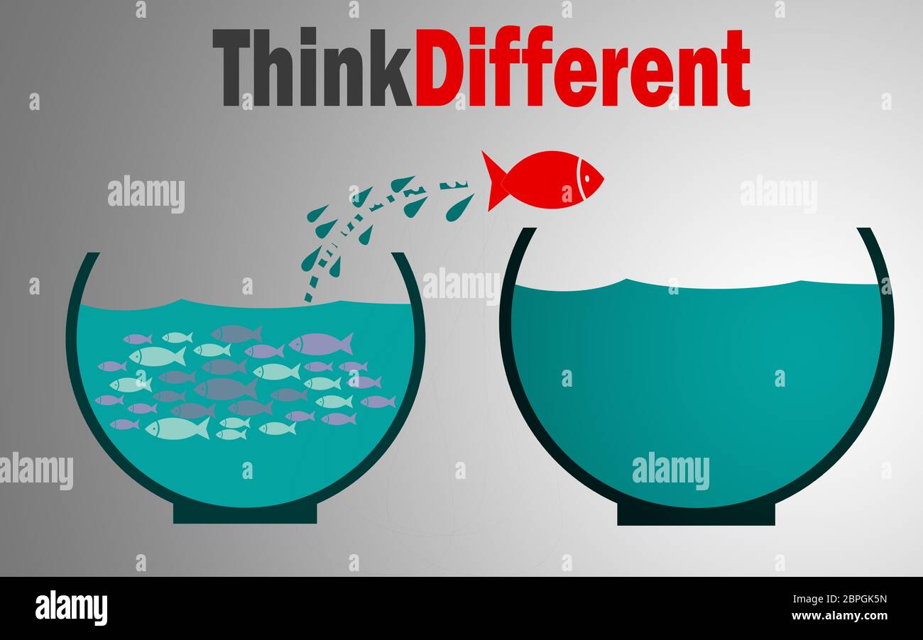 Think different, Fish jumping outside the aquarium, 3D rendering Stock ...
