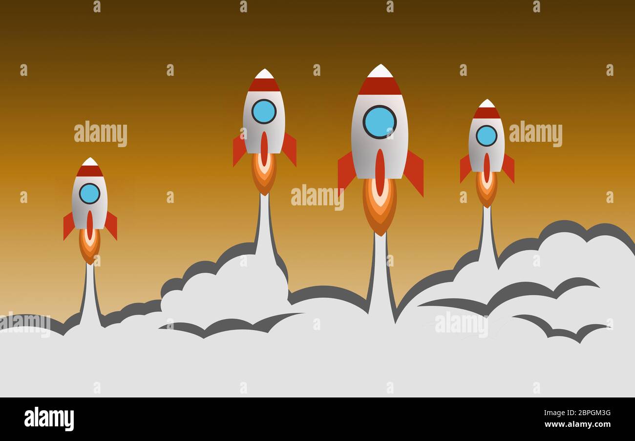 Multiple rockets launch with yellow background, 3D rendering Stock ...