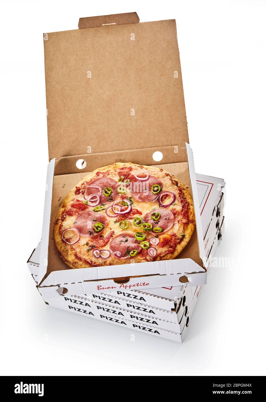 Stack of pizza white boxes isolated on white background. Upper box is ...