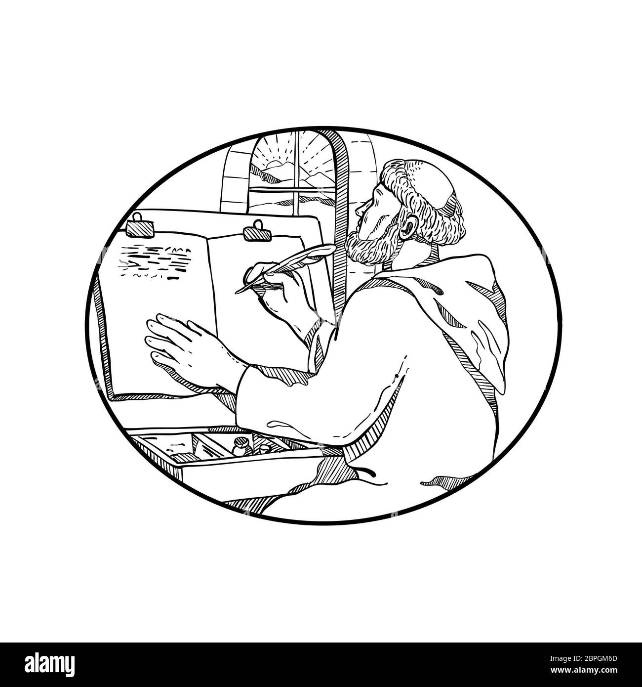 Drawing sketch style illustration of a monastic medieval monk writing ...