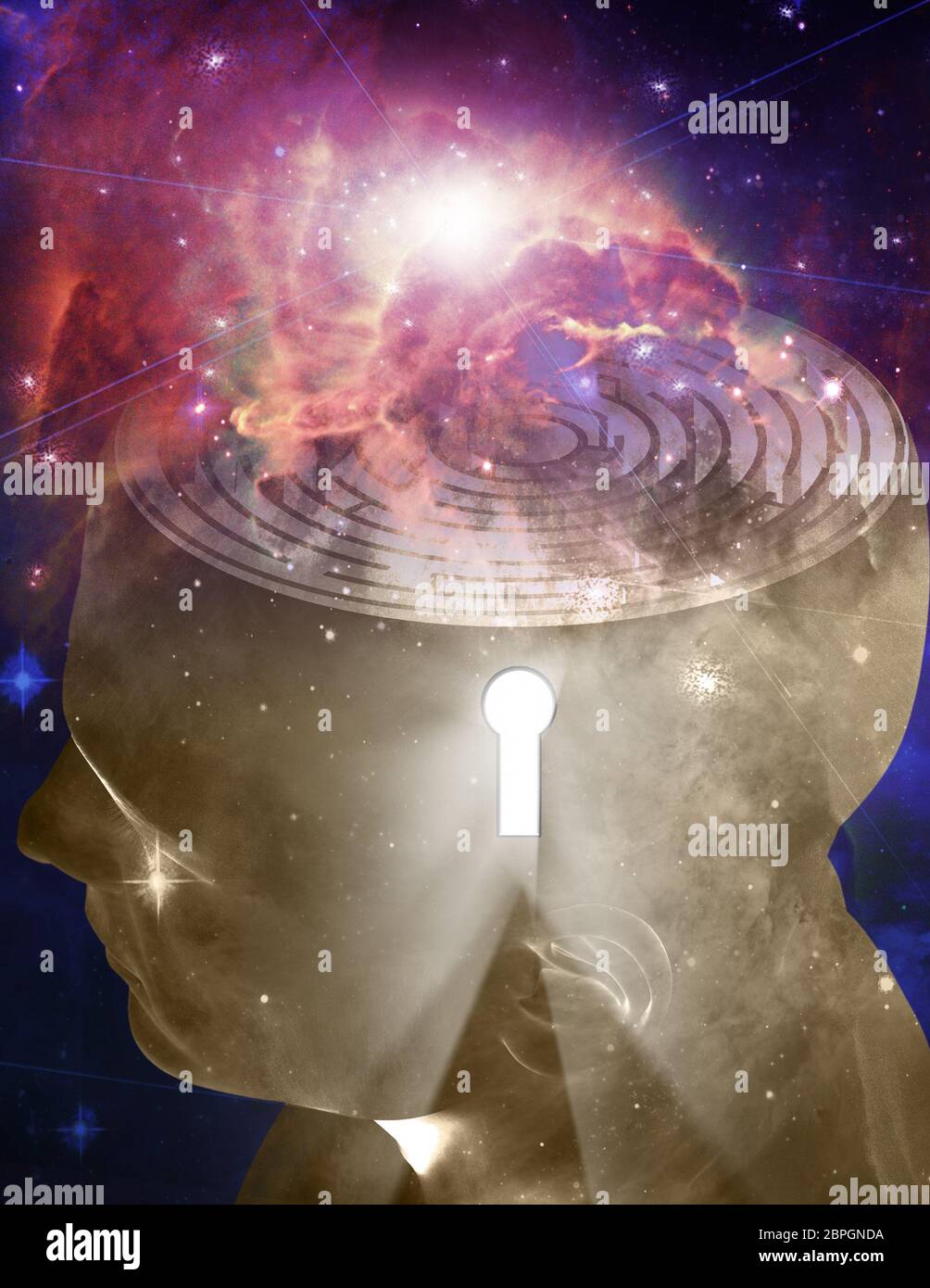 Maze inside human mind. Light comes from the keyhole Stock Photo - Alamy