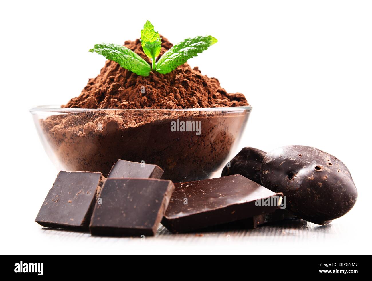 Composition with bowl of cocoa powder isolated on white Stock Photo - Alamy