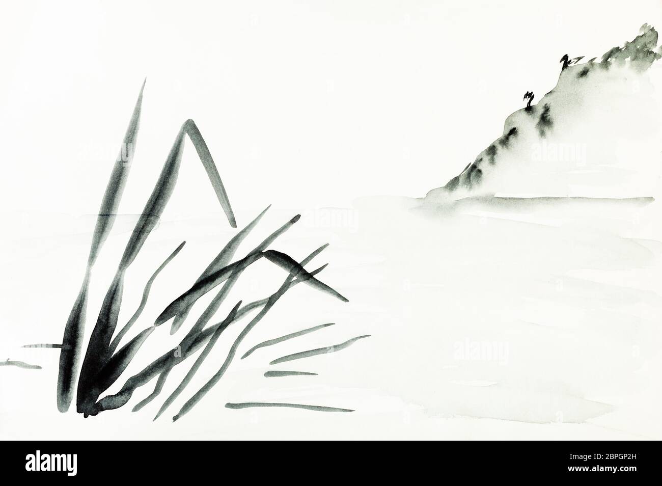 training drawing in sumi-e (suibokuga) style with watercolor paints ...