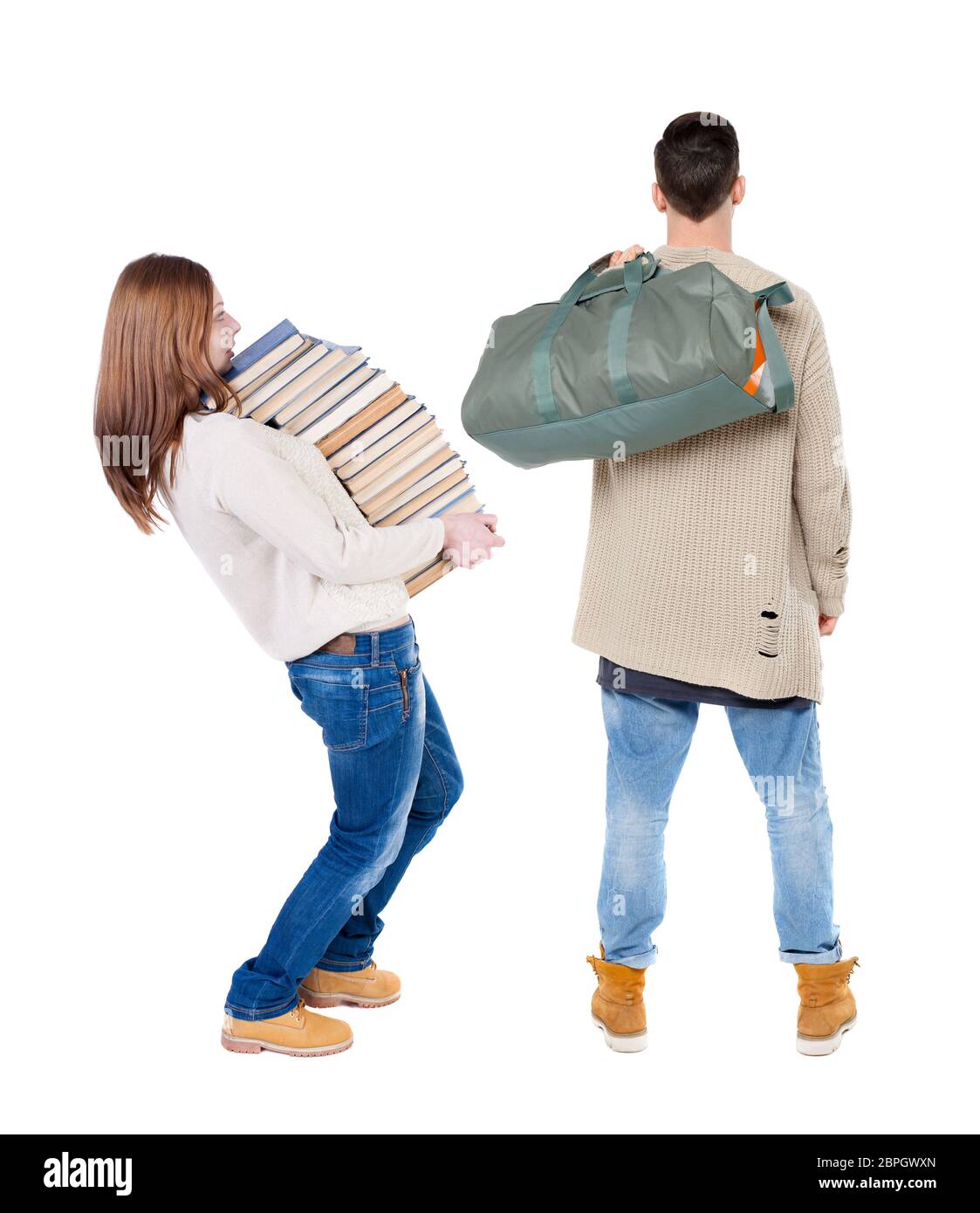 Back view couple in sweater. beautiful man and woman. Rear view people ...