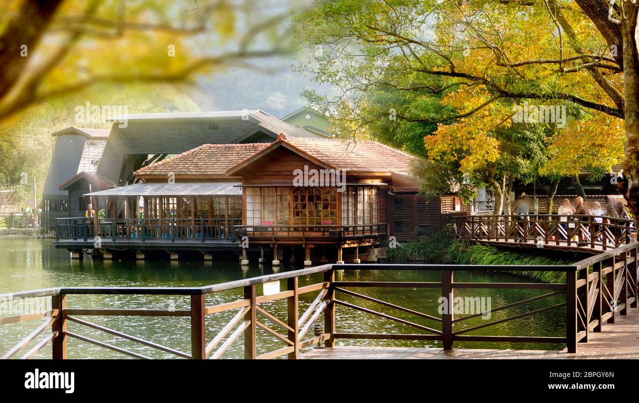 The Autumn lake and forest with nice autumn color, Checheng Station ...