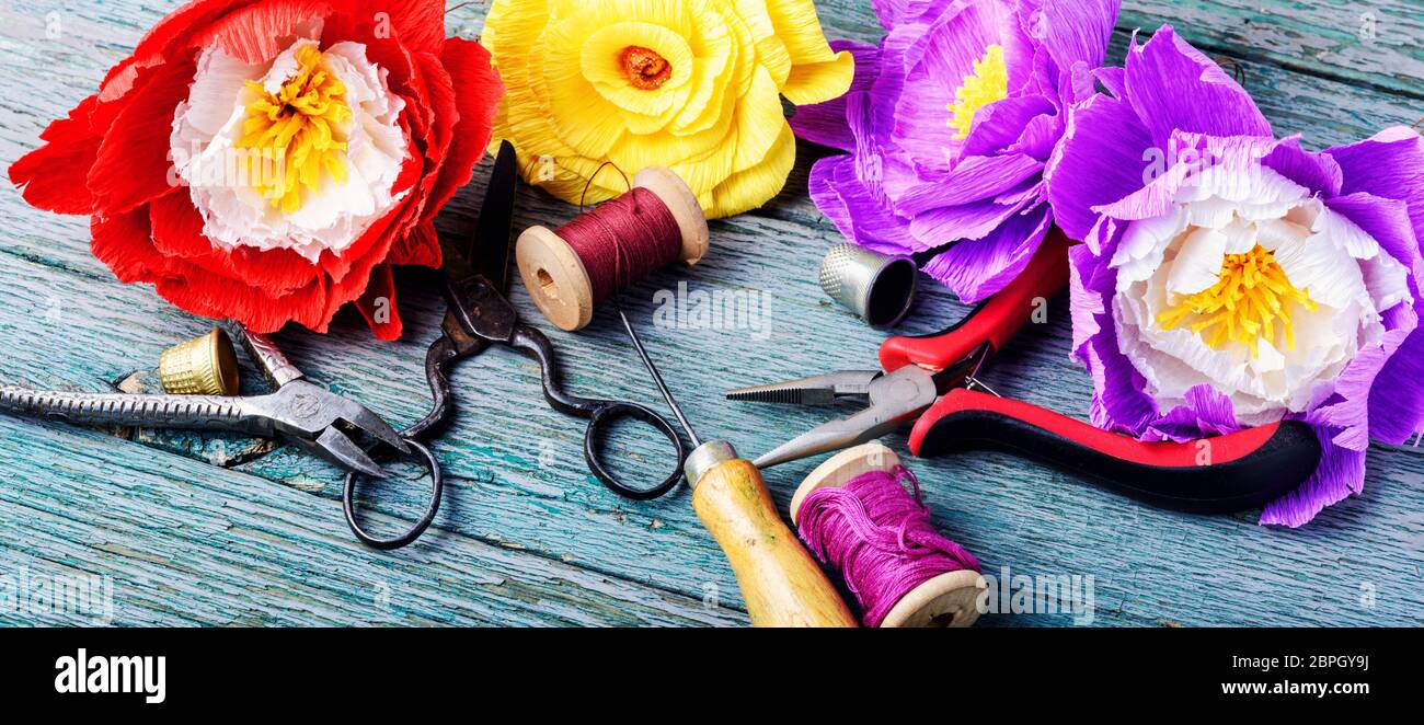 Colourful handmade paper flowers.Paper craft and tools Stock Photo - Alamy