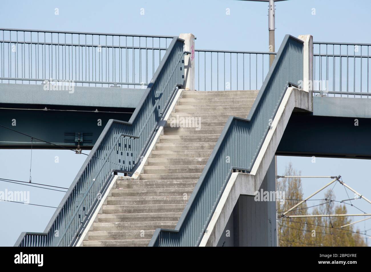 Concrete stairs and banisters on a pedestrian bridge, Germany, Europe ...