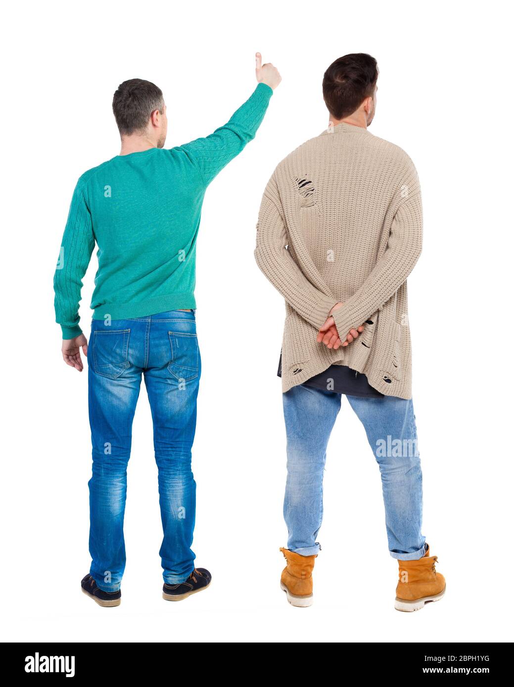 Back view two man in sweater showing thumb up. Rear view people ...