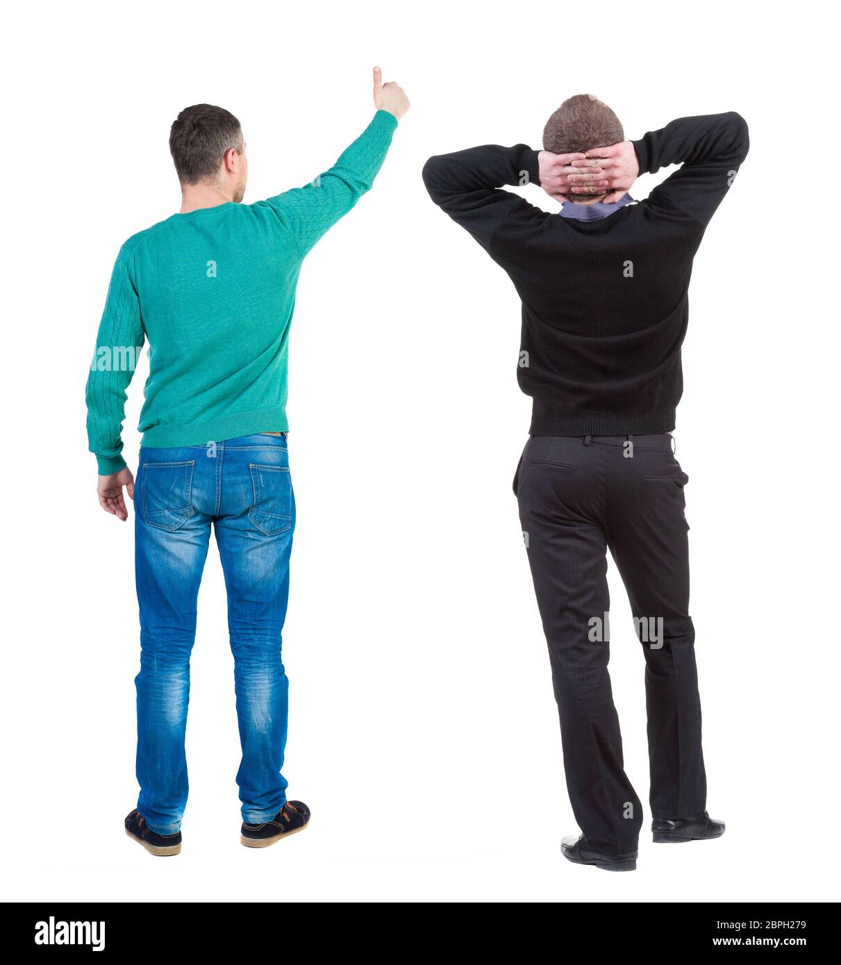 Back view two man in sweater showing thumb up. Rear view people ...