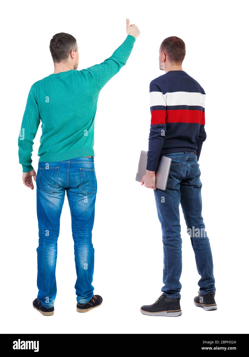 Back view two man in sweater with laptop. Rear view people collection ...