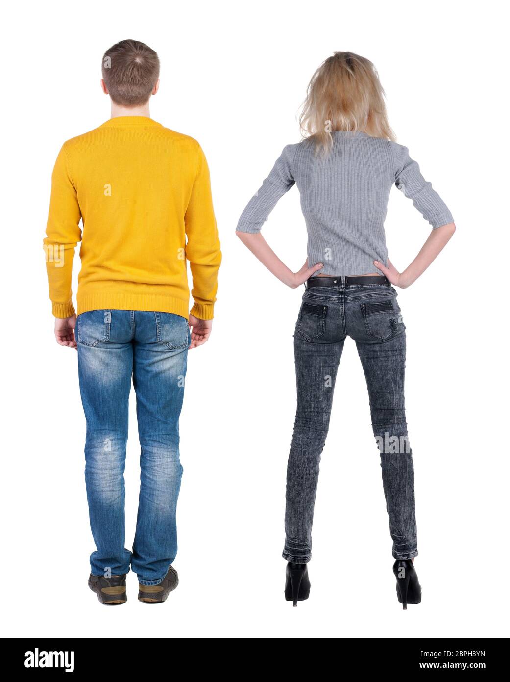 Back view couple in sweater. beautiful man and woman. Rear view people ...