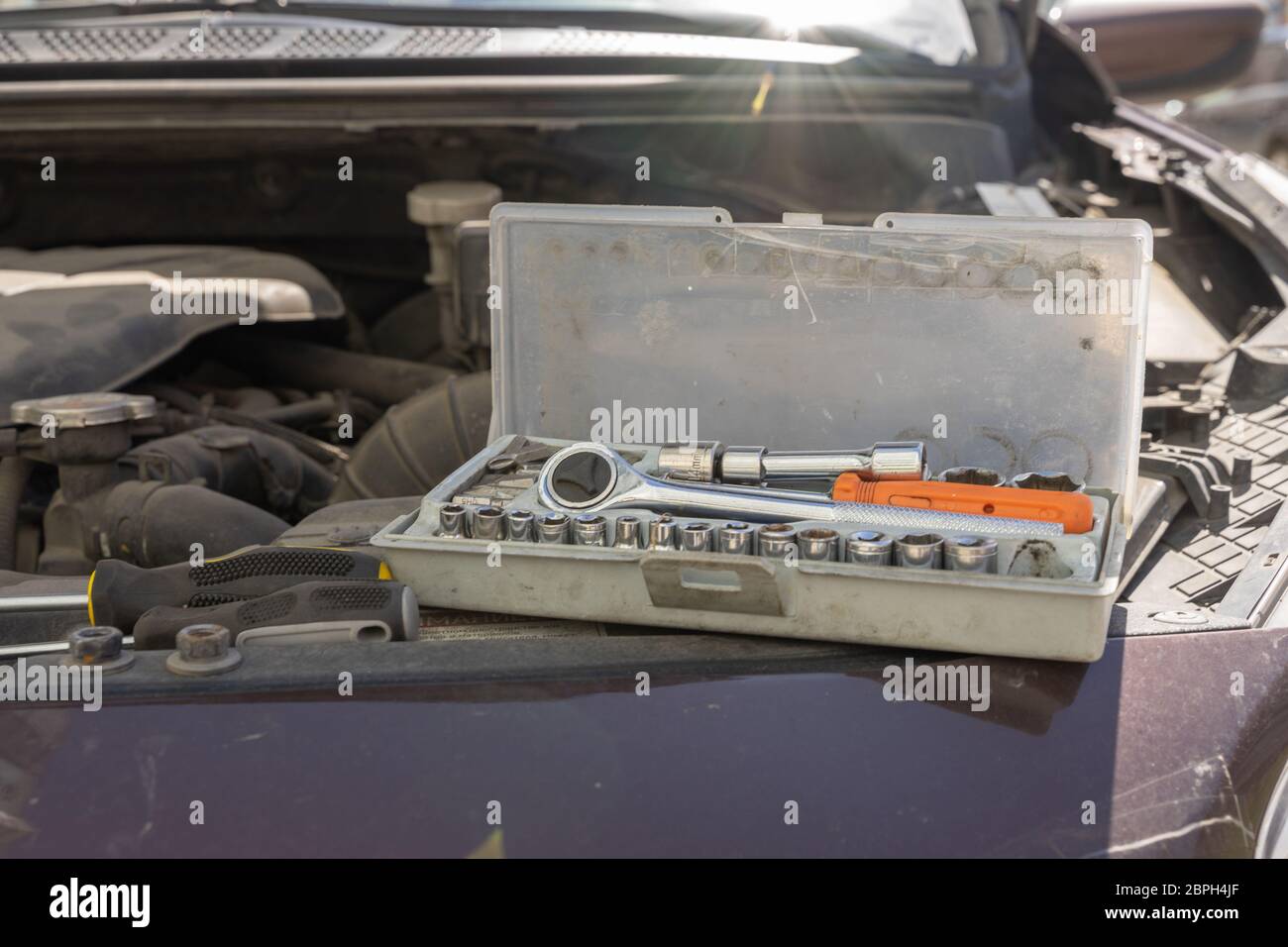 Auto mechanic tool kit. The mechanic has prepared tools for diagnosis ...