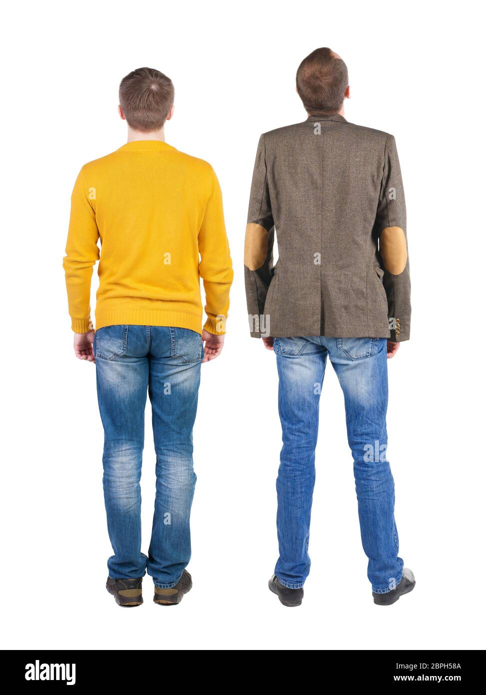 Back view of two man in sweater pointing. Rear view people collection ...