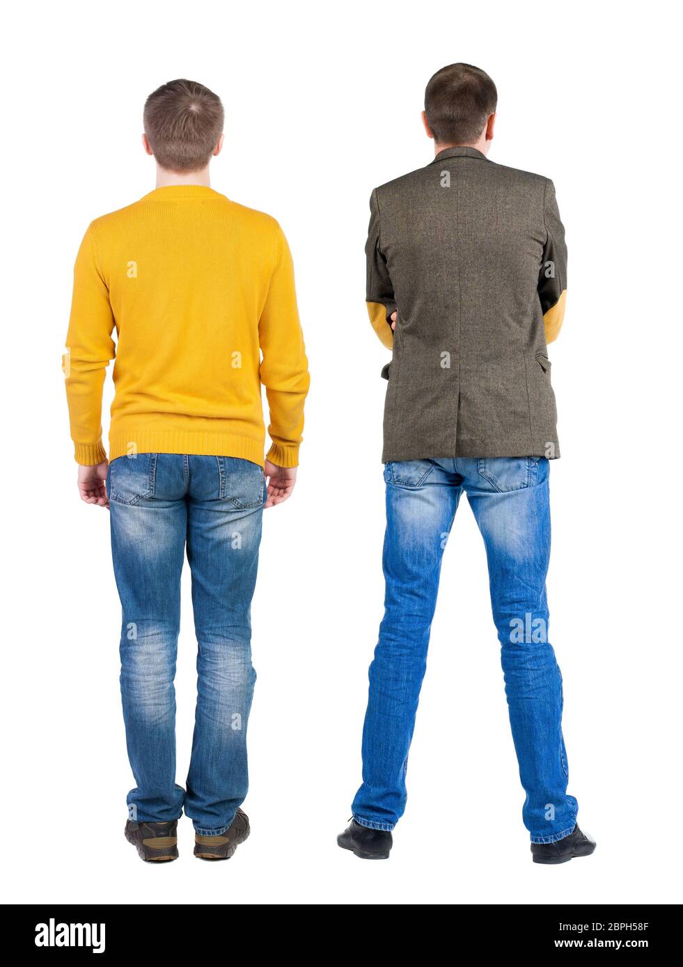 Back view of two man in sweater pointing. Rear view people collection ...