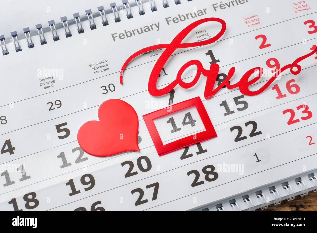 February 14 Calendar. Valentine's day concept, red hearts and word love ...