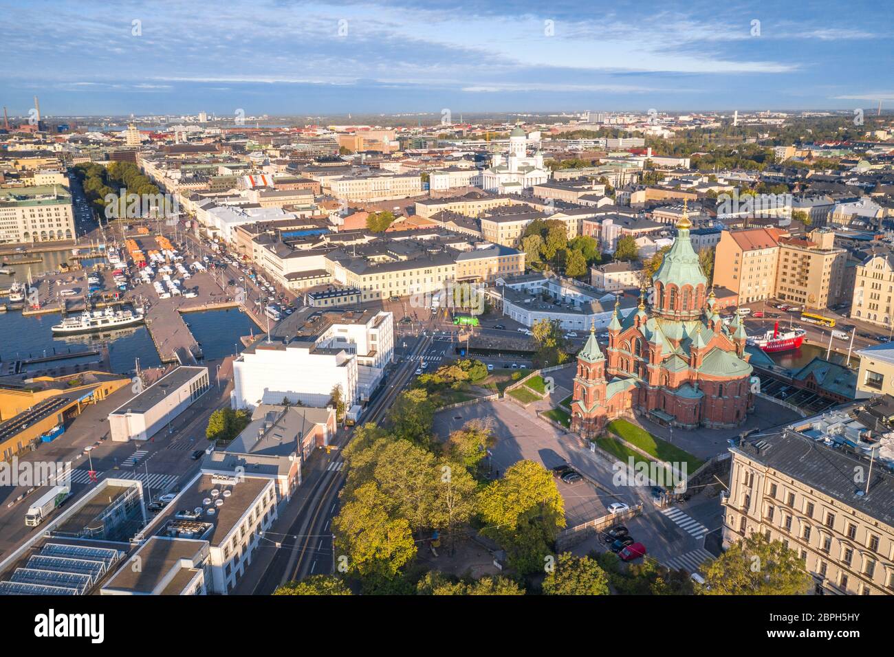 Aerial view of Uspenski Cathedral and Helsinki city skyline in summer ...
