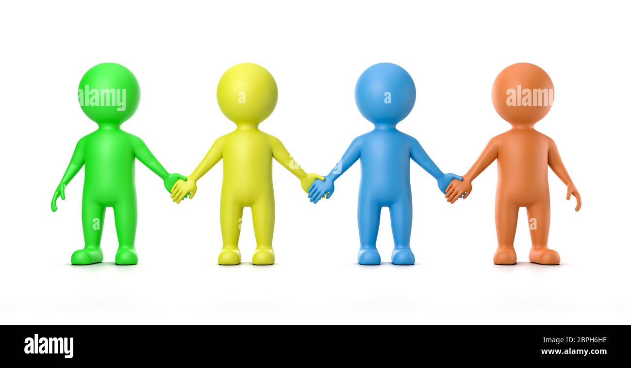 Four Multicolor Human 3D Characters Holding Hands Illustration on White ...