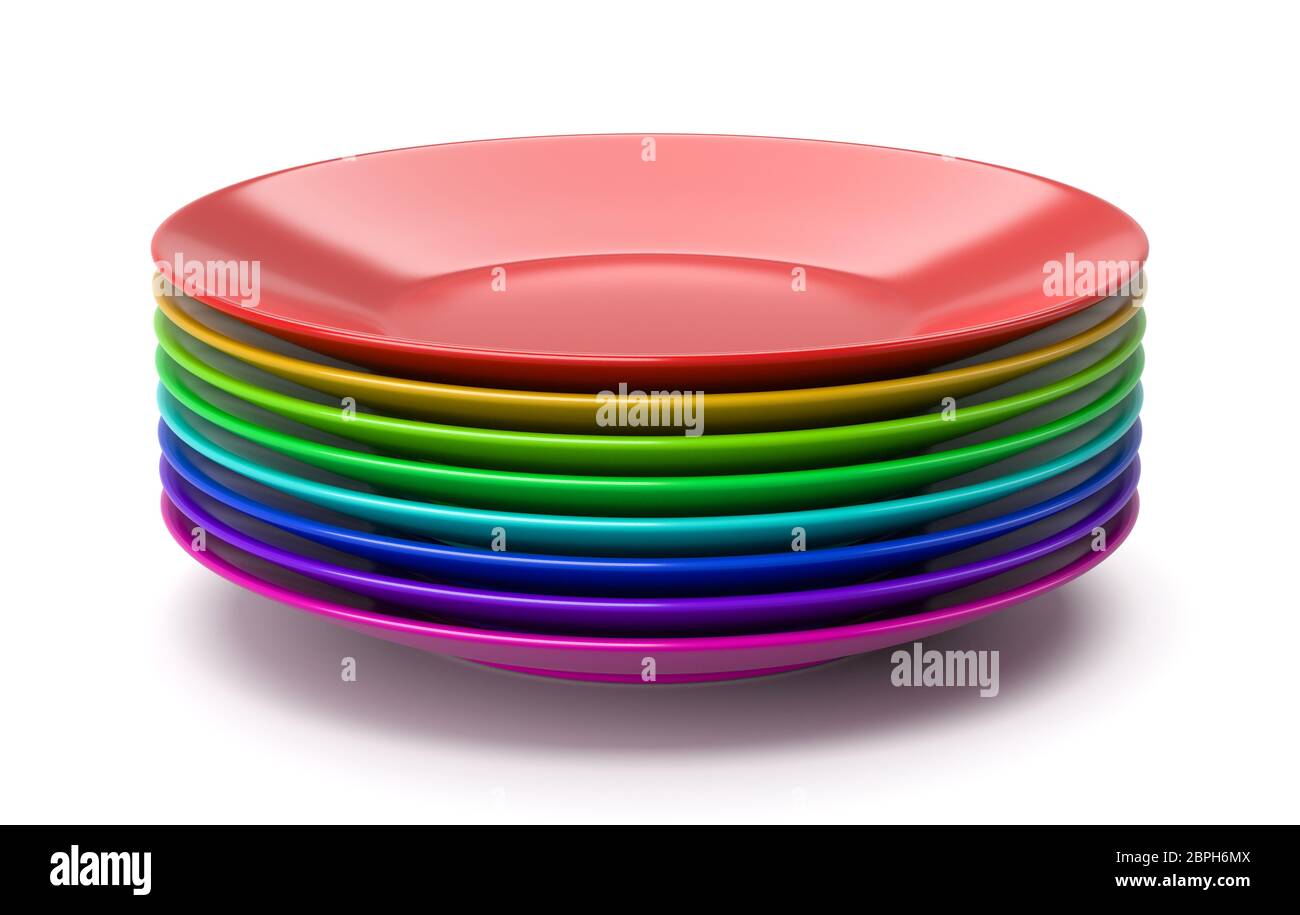 Stack of Clean Colorful Dishes on White Background 3D Illustration ...