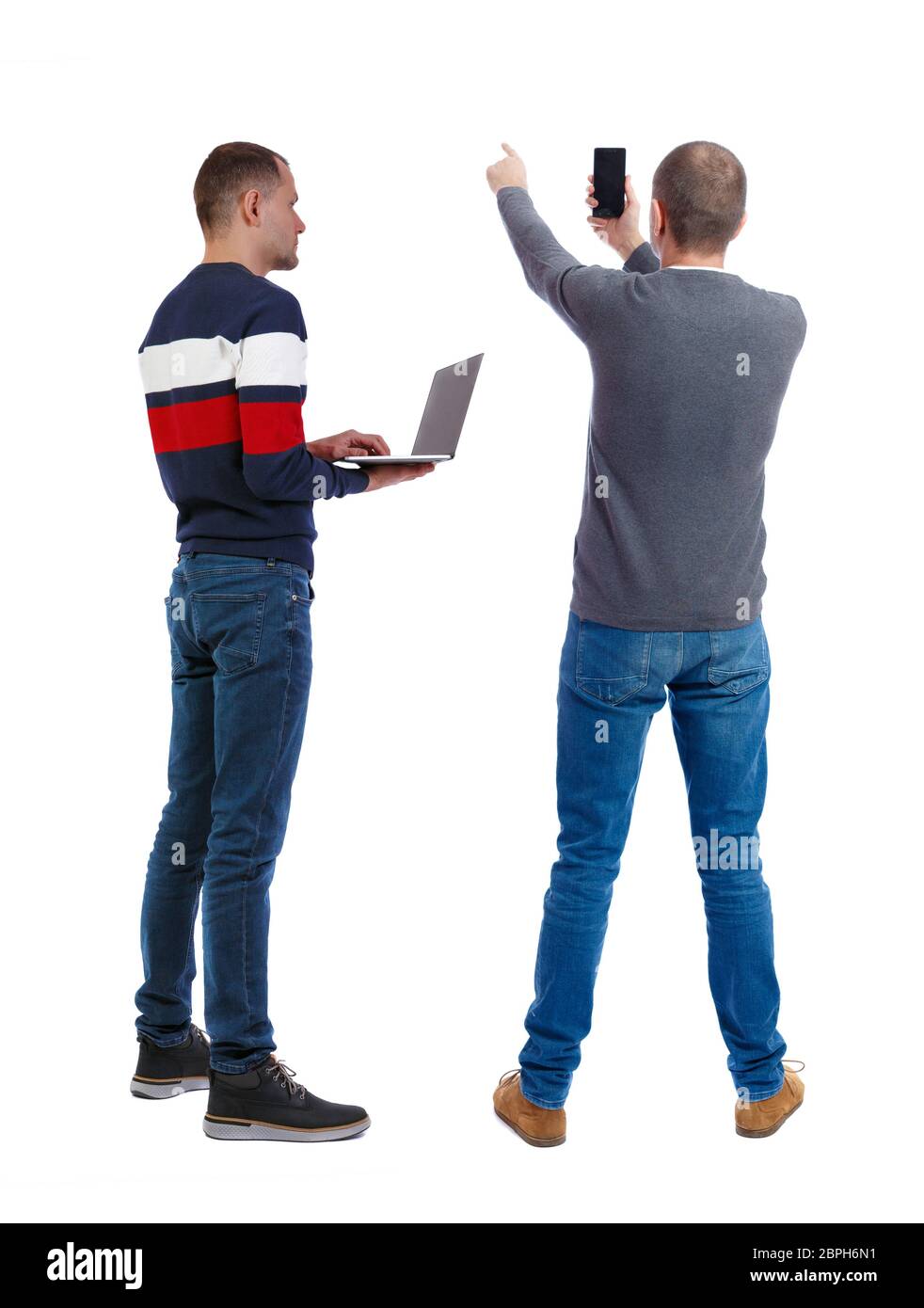 Back view two man in sweater with laptop. Rear view people collection ...
