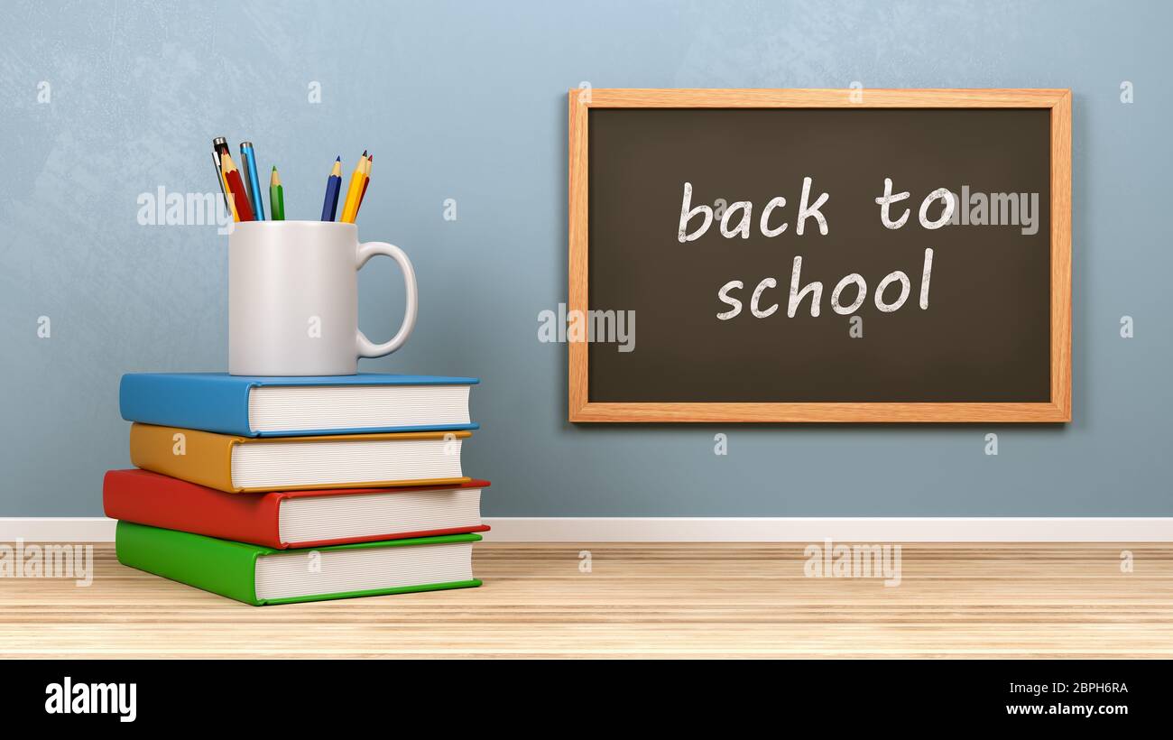 Stationery on Stack of Books and Blackboard with Back to School Text ...