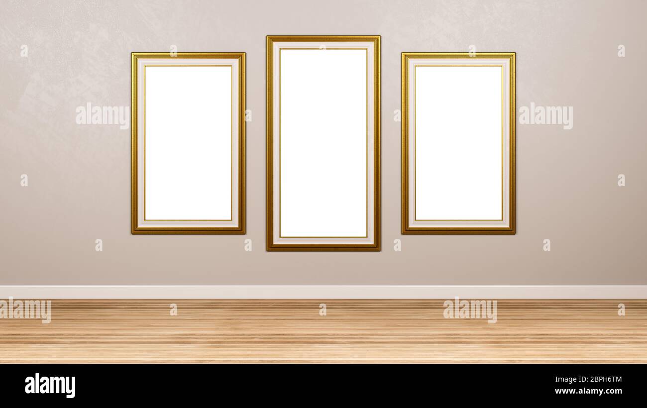 Triptych of Classic Rectangular Empty Golden Picture Frame at the Wall ...