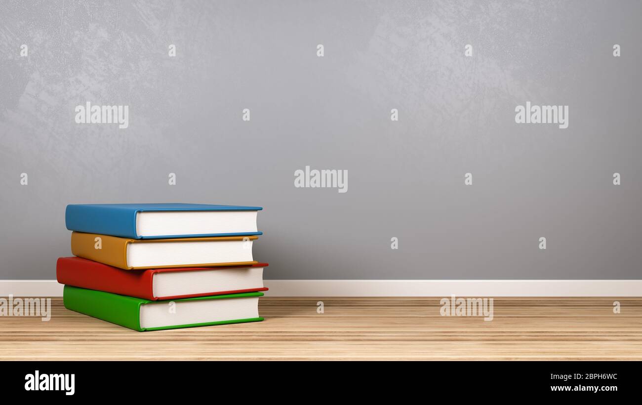 Stack of Books on Wooden Floor Against Gray Wall with Copy Space 3D ...
