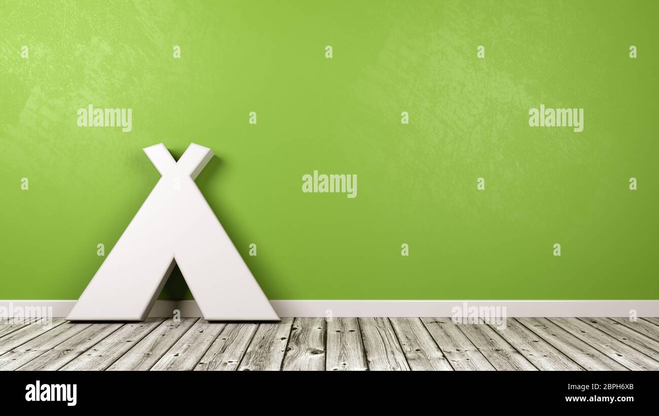 White Tent 3D Symbol Shape on Wooden Floor Against Green Wall with Copy ...