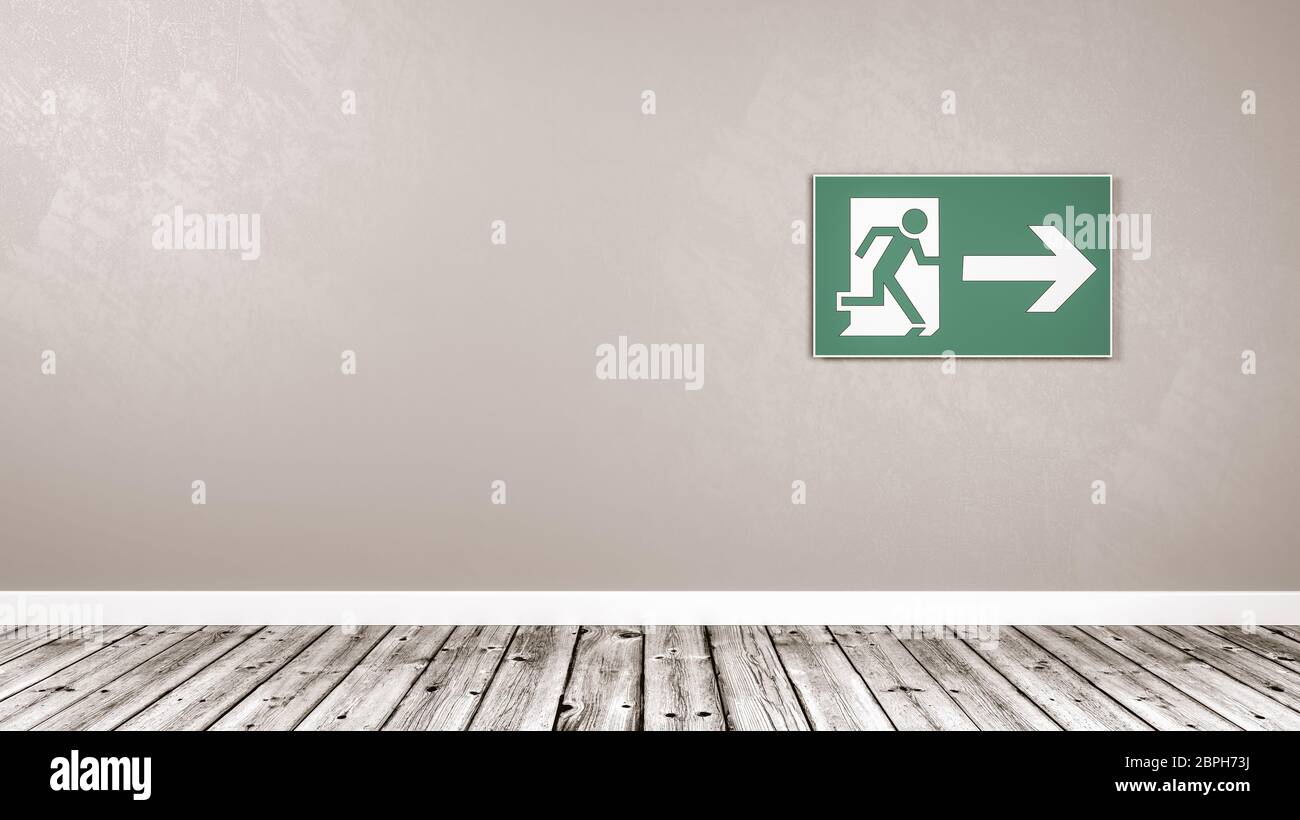 Emergency Exit Sign Against Gray Wall in the Room with Copy Space 3D ...