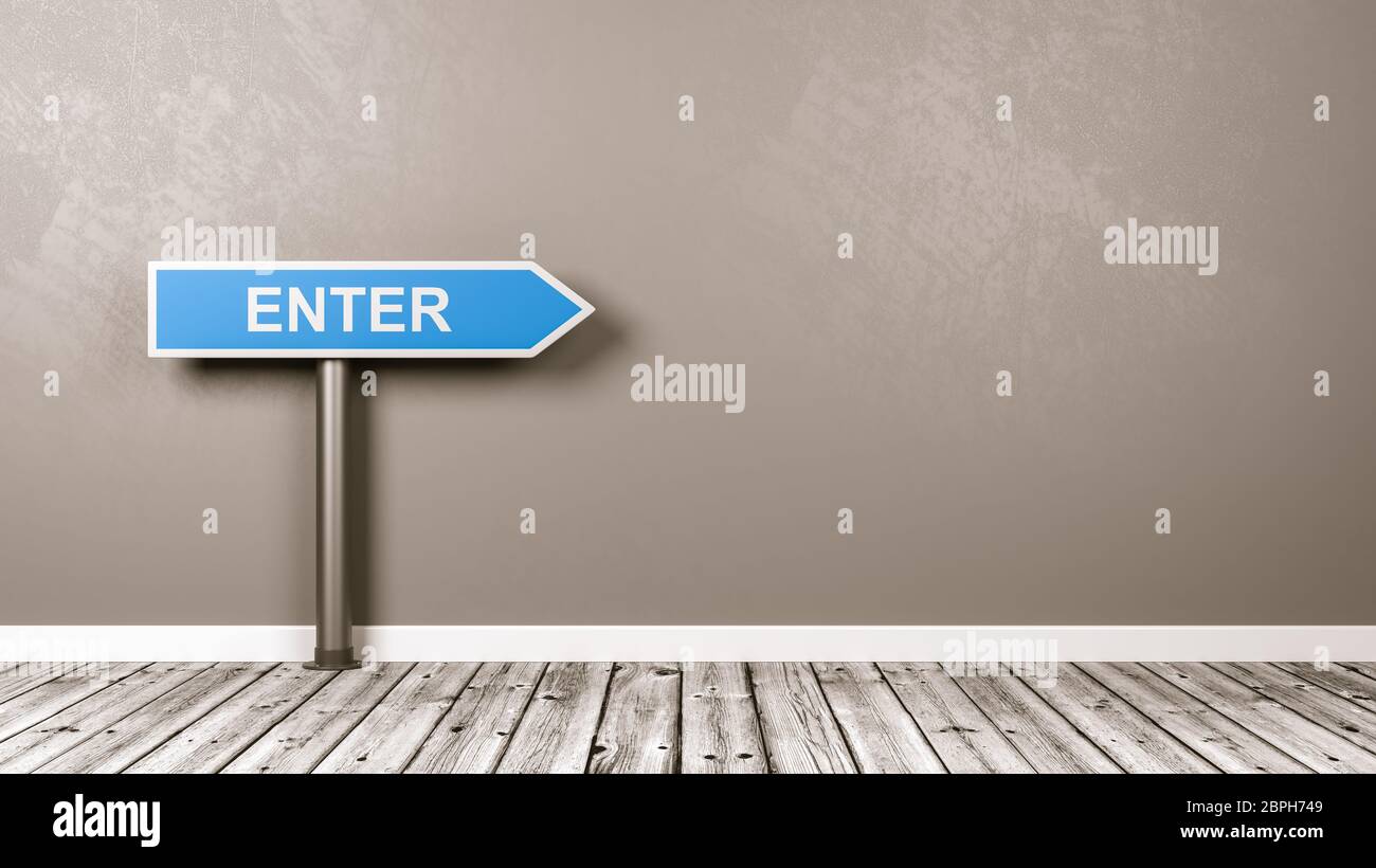 Blue Enter Directional Arrow on Wooden Floor Against Gray Wall with ...