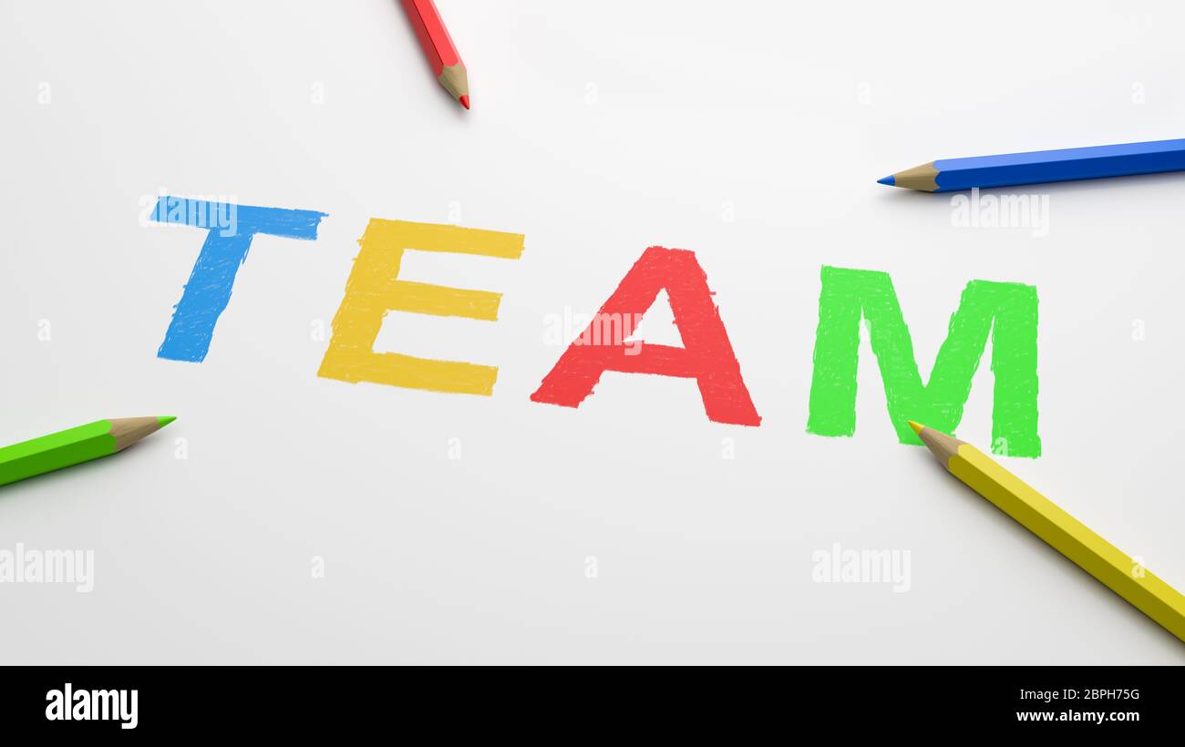 Team Text with Colorful Wooden Pencils on White Background 3D ...