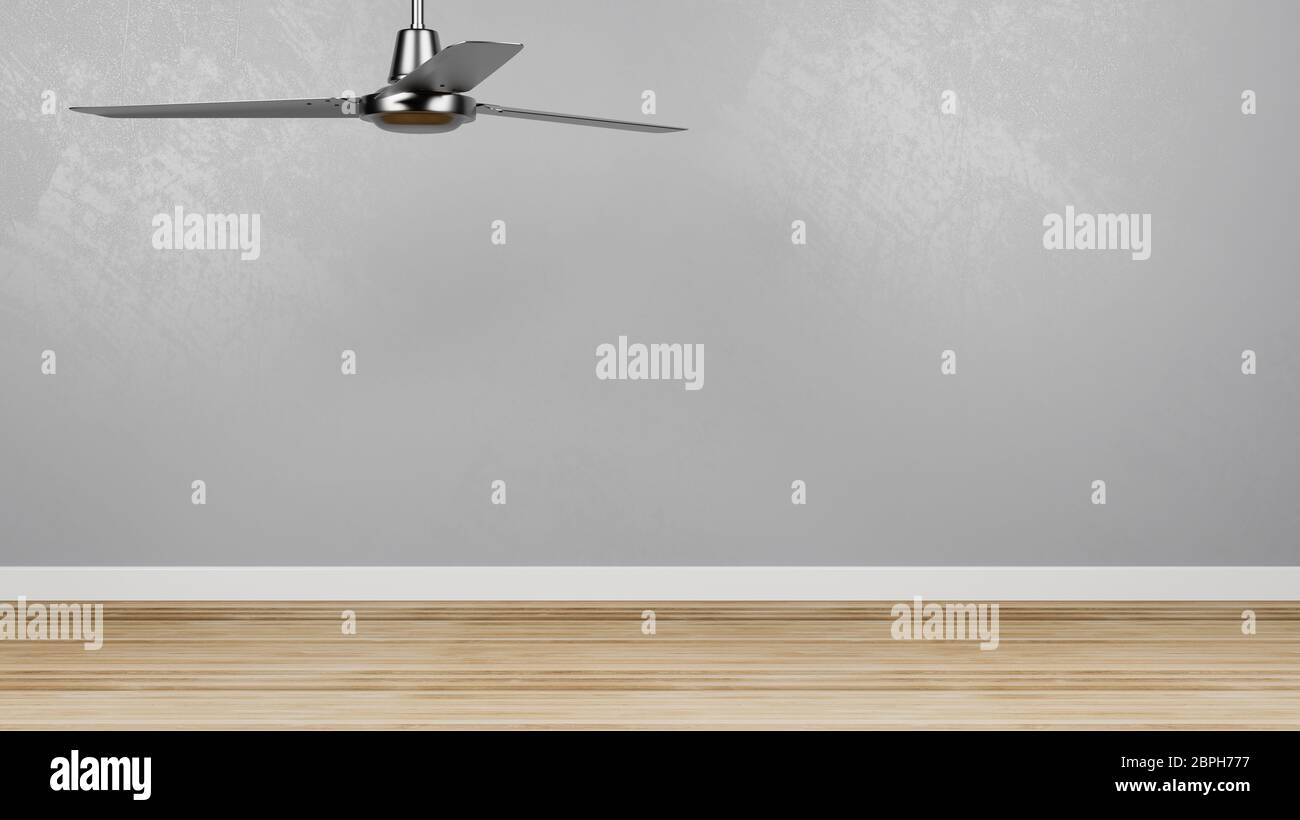 Metallic Ceiling Fan in a Wooden Floor Empty Room with Copy Space 3D ...