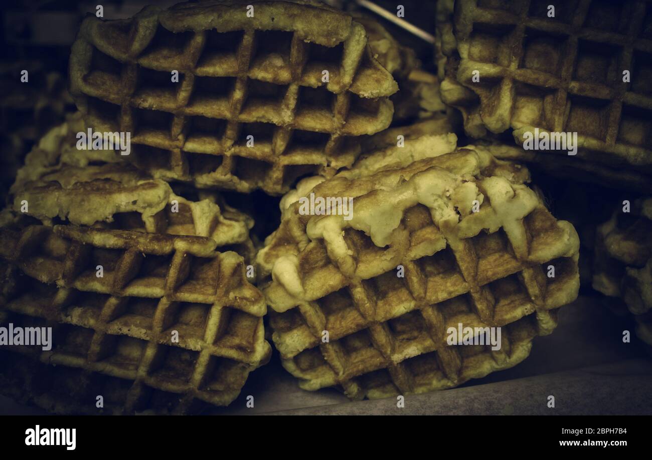 Waffle with caramel and chocolate, typical Belgian, dessert Stock Photo ...