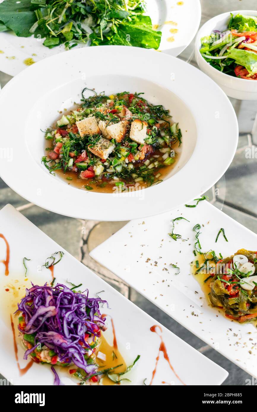 mixed portuguese traditional tapas snacks and salads selection on ...