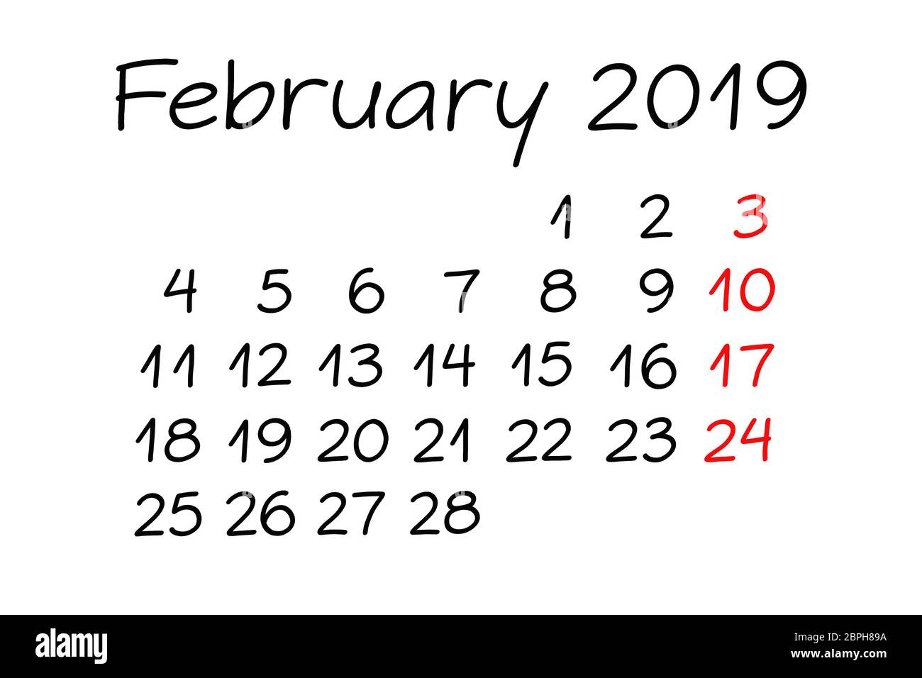 Handwritten monthly calendar February Year 2019 with marker on white ...