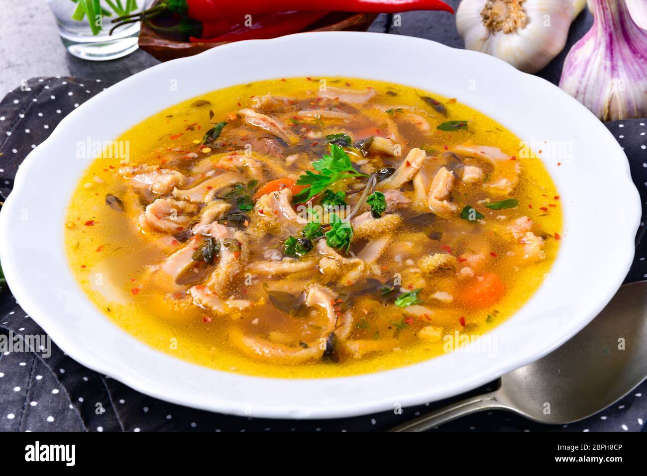Traditional tripe soup in polish style with beef and vegetables Stock ...
