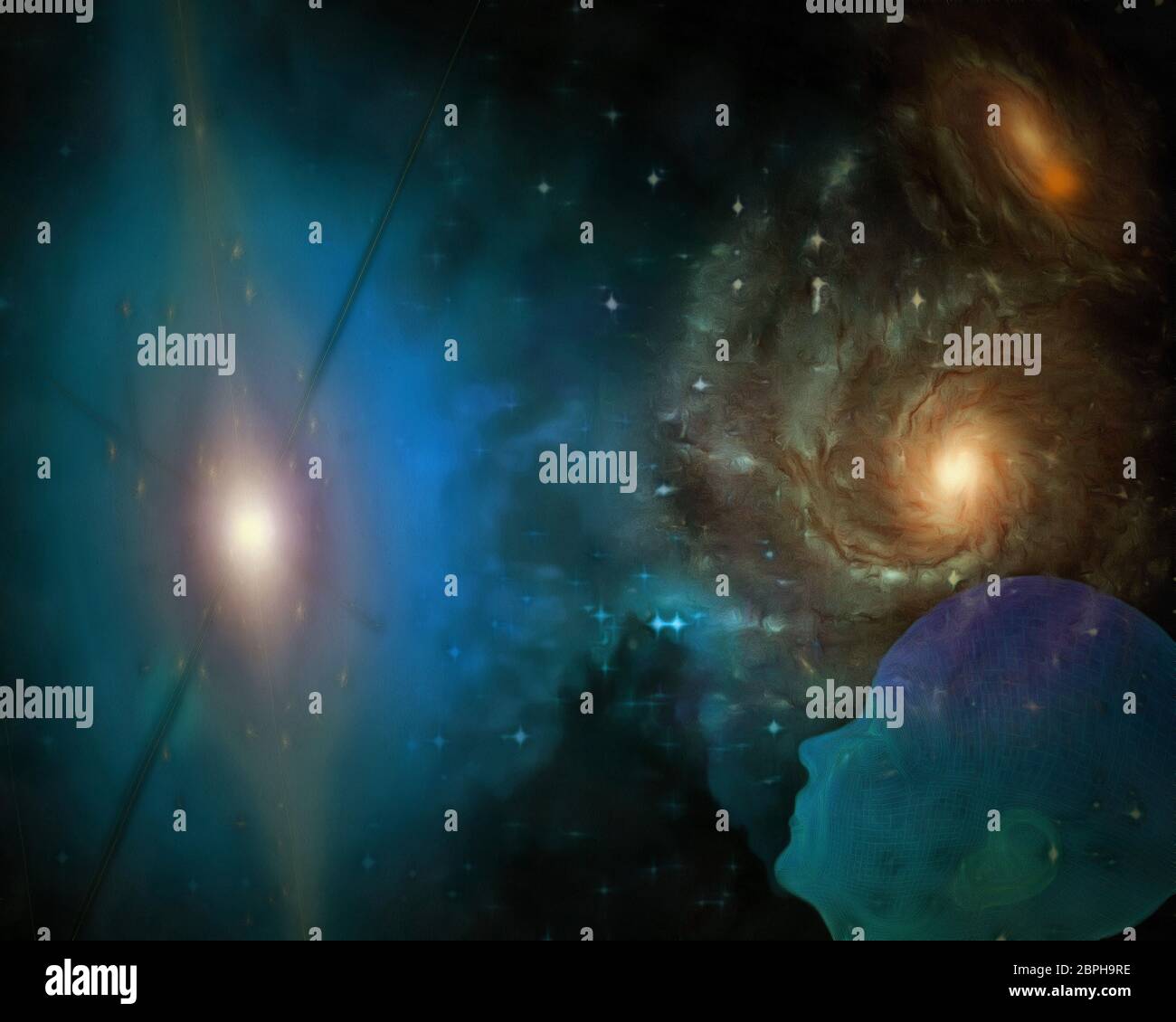 Surreal painting. Bright galaxies. Human's silhouette is dreaming Stock ...