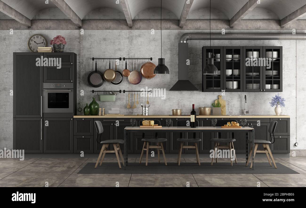 Retro black kitchen in a grunge interior with dining table - 3d ...