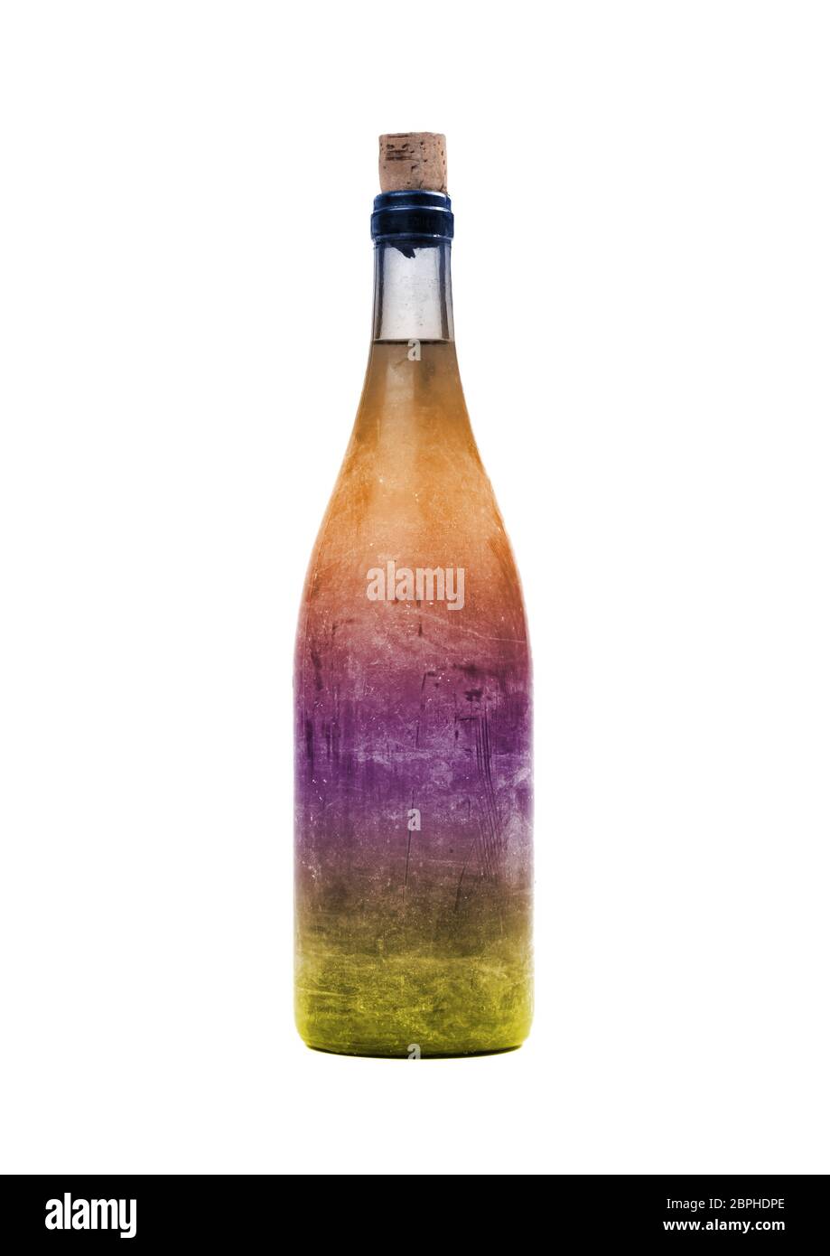 Old bottle of colorful liquid, covered in dust, isolated on white Stock ...