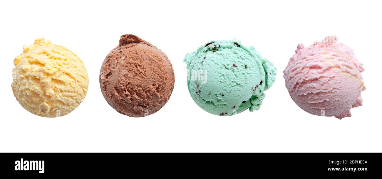 Four ice cream scoops isolated on a white background including vanilla ...