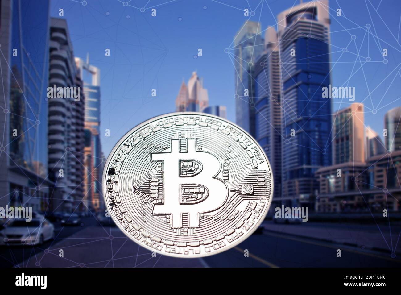 bitcoin against skyscrapers - futuristic smart city - cryptocurrency ...