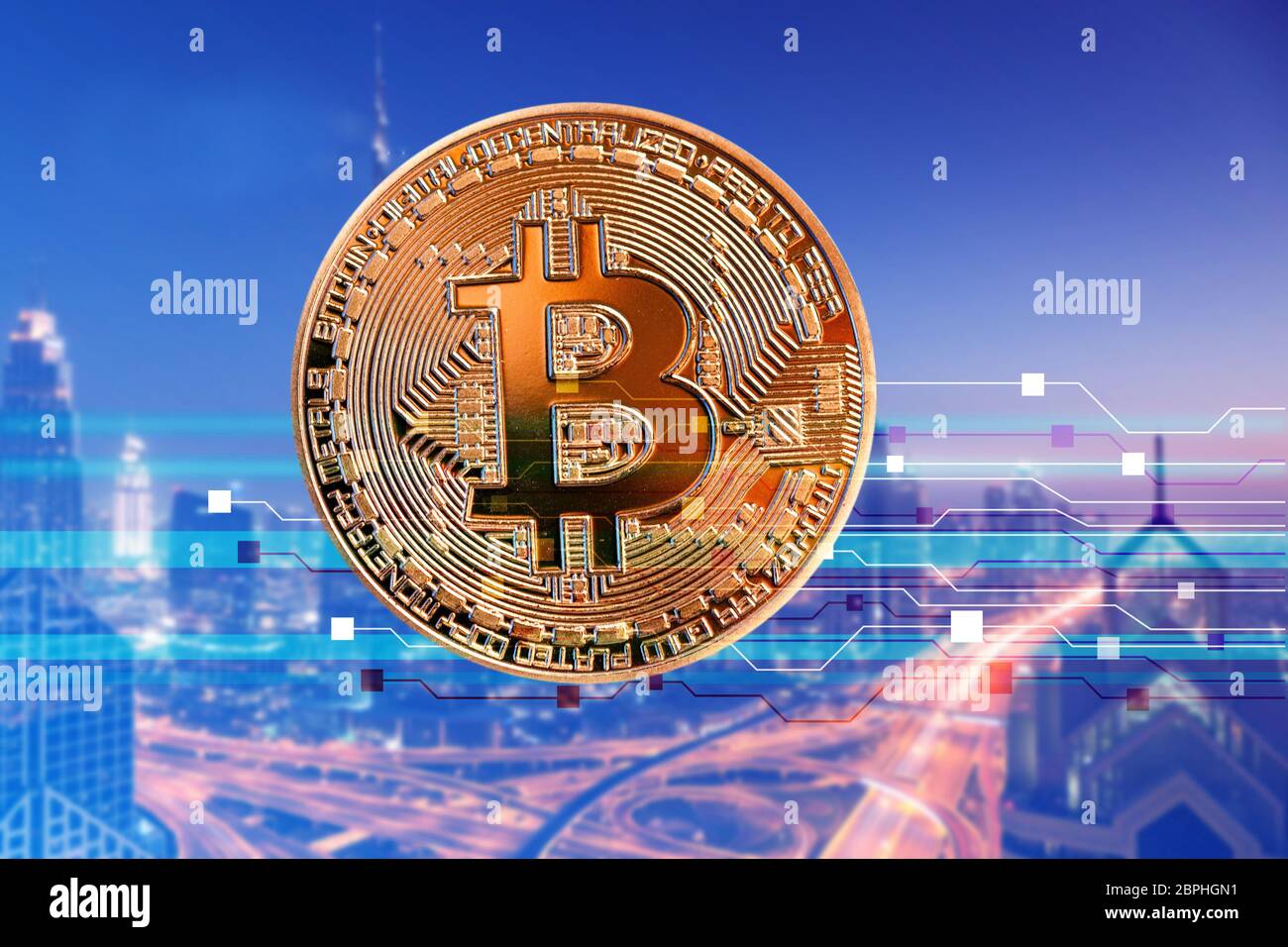 bitcoin against skyscrapers - futuristic smart city - cryptocurrency ...