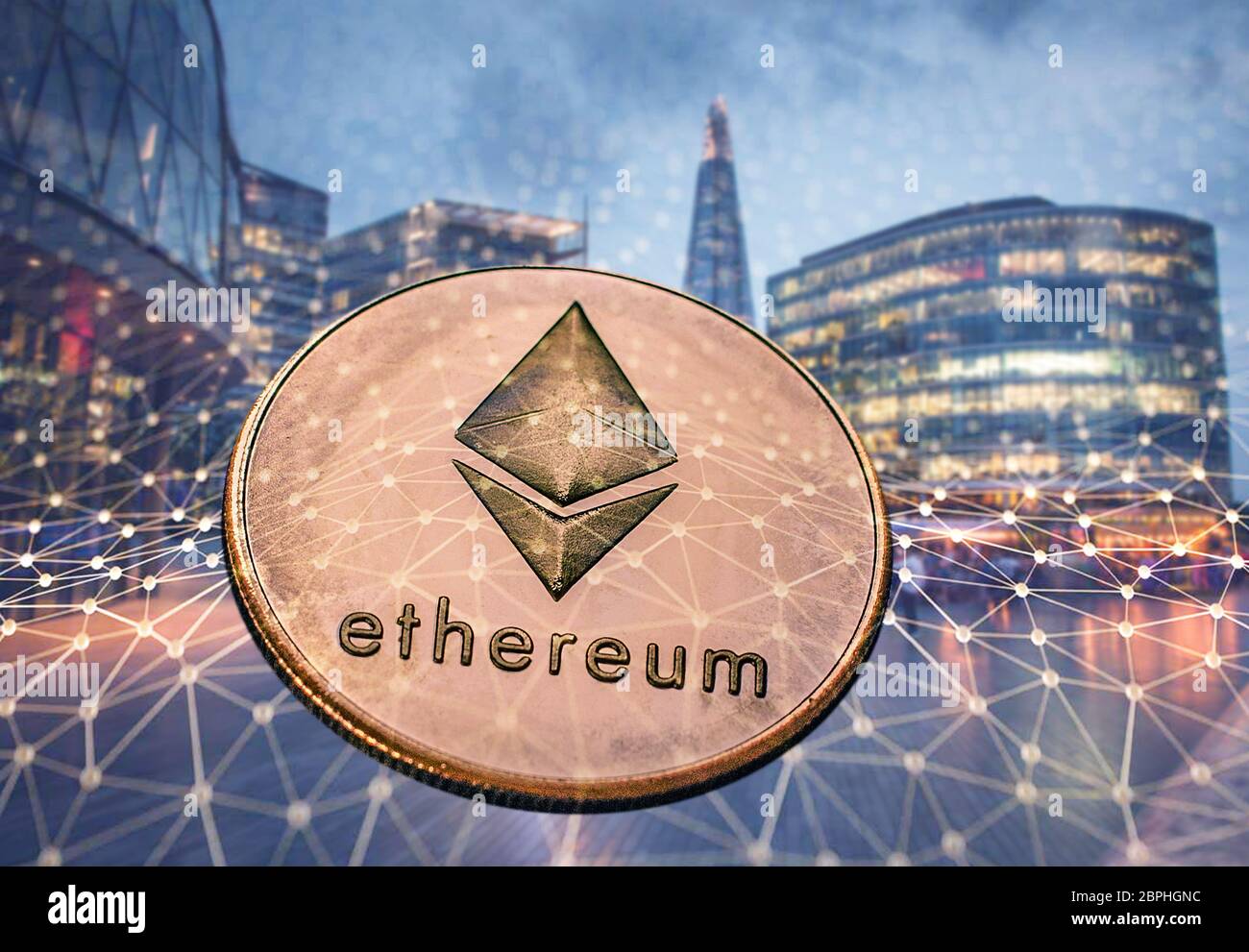 ethereum against skyscrapers - futuristic smart city - cryptocurrency ...