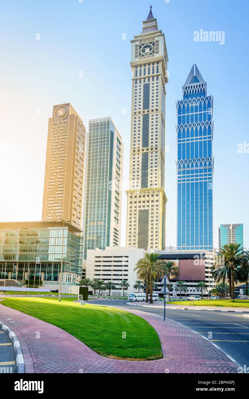 View of Al Yaqoub Tower and surrounding skyscrapers in Dubai, UAE Stock ...