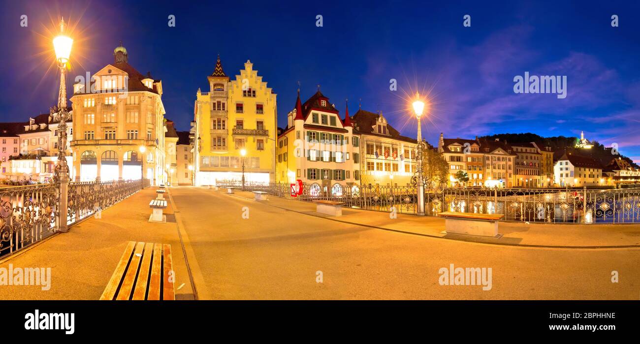 Luzern panoramic evening view of famous landmarks and Reuss river ...