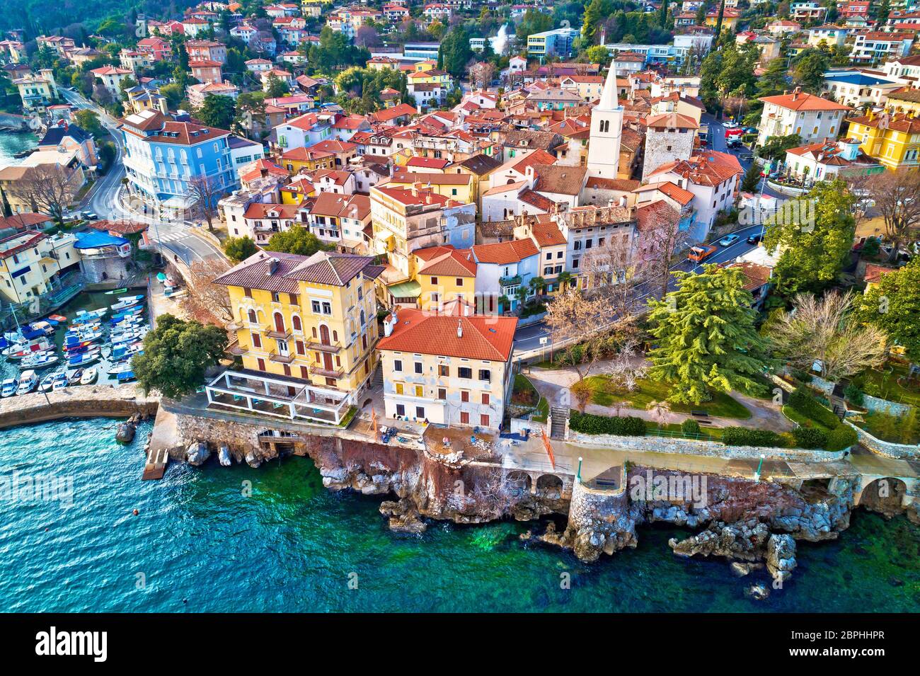 Town of Lovran and Lungomare sea walkway aerial view, Kvarner bay of ...